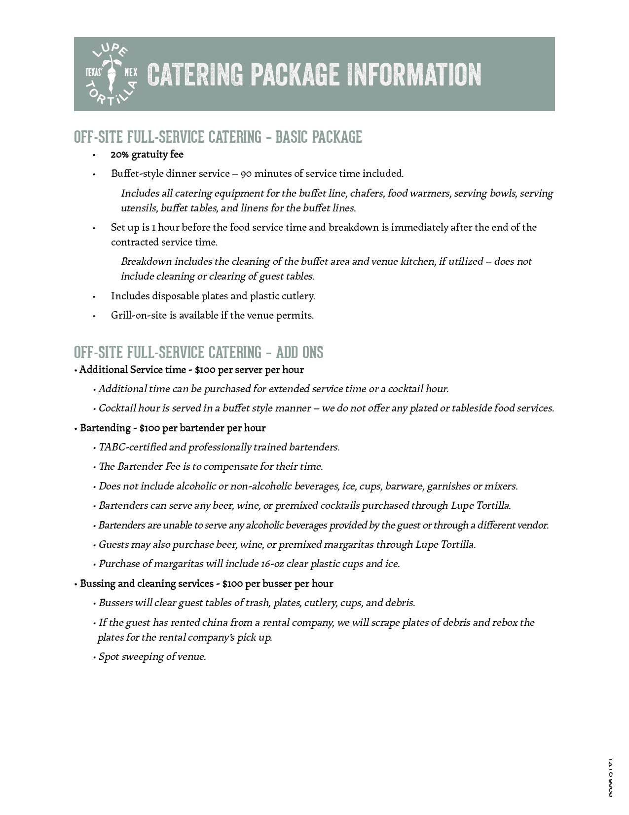Catering Menus - Lupe Tortilla